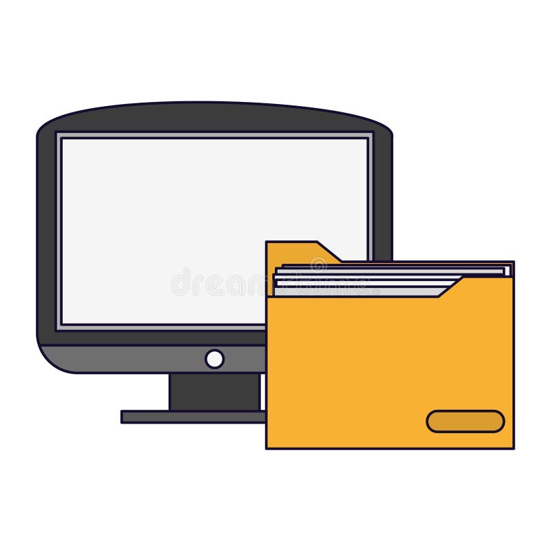 Computer with Folder Documents Symbol Stock Vector - Illustration of ...