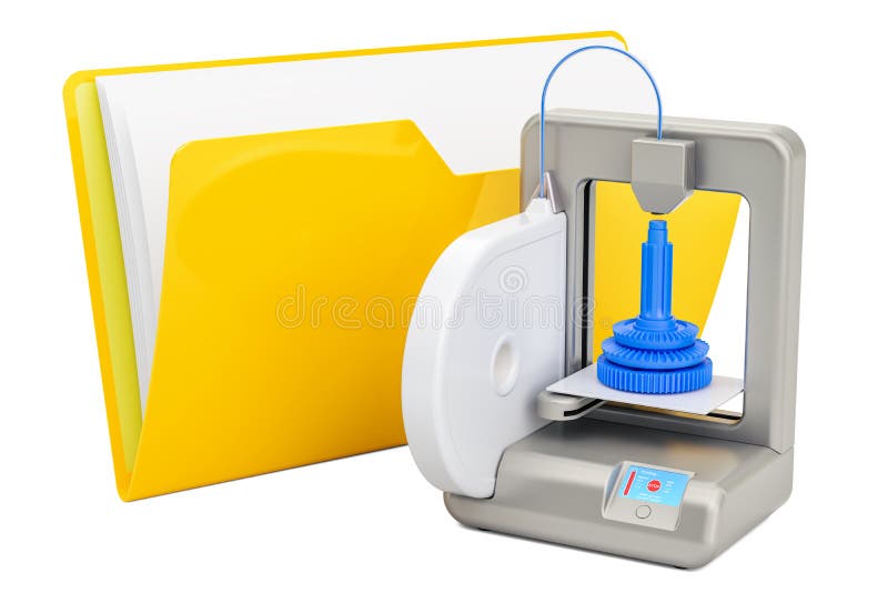 Computer Folder Icon with 3D Printer, 3D Rendering Stock Illustration ...