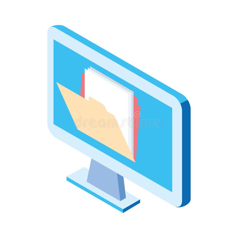 Computer with Folder Documents Symbol Stock Vector - Illustration of ...