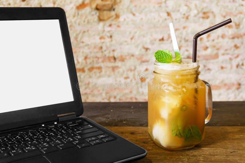 Computer and fruit tea stock image. Image of home, brick - 52698561