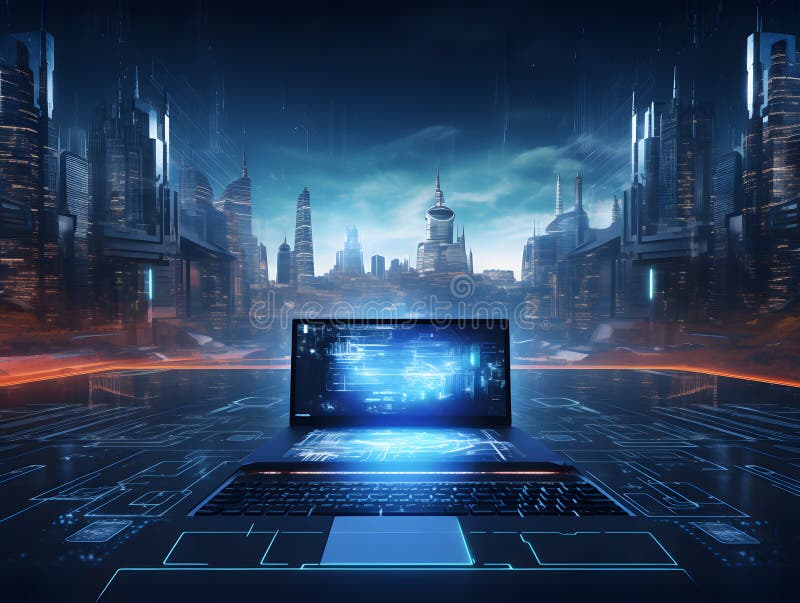 Futuristic city at night. stock illustration. Illustration of ...