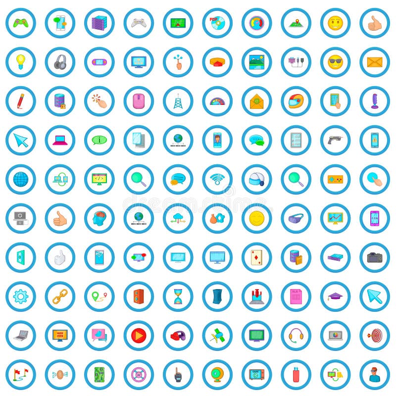 100 Computer Game Icons Set, Cartoon Style Stock Vector - Illustration ...
