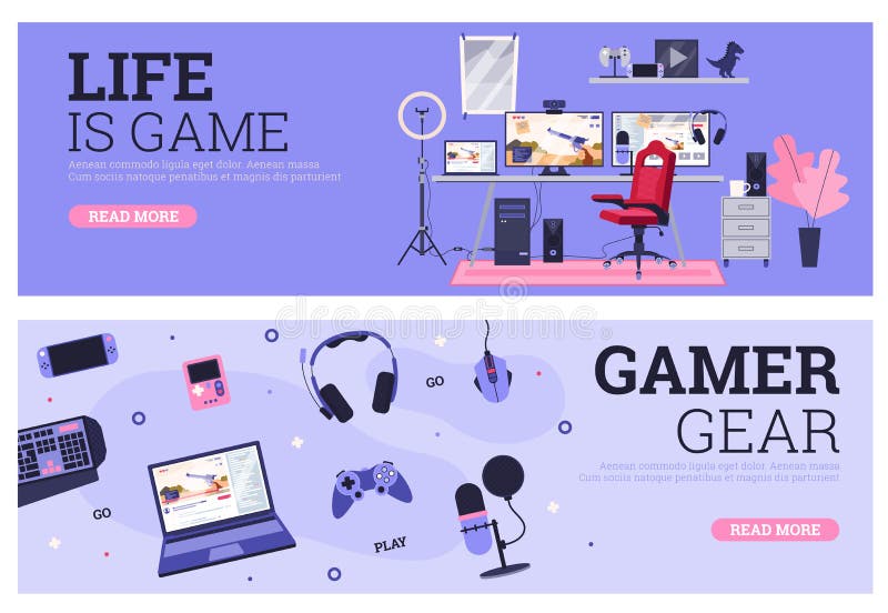 Computer Games Banners or Flyers Collection with Gadgets Vector ...