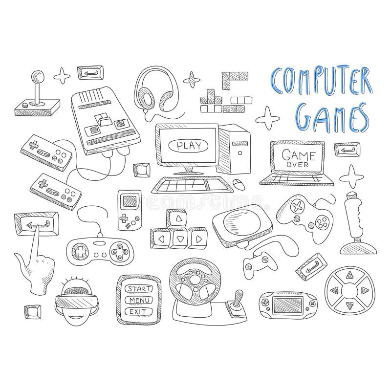 Computer Games Doodles Icon Set Vector Stock Vector - Illustration of ...