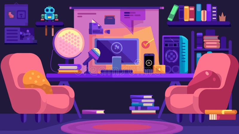 Computer Gaming Blogger Studio. Vector Cartoon Illustration of Lounge ...