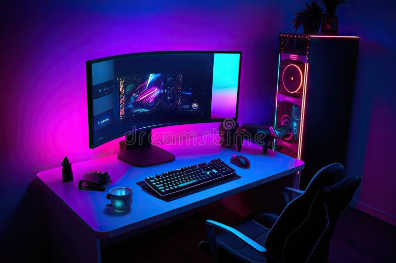 Computer Gaming Pc Gaming Table Dark Room Neon Purple Lights Gaming ...