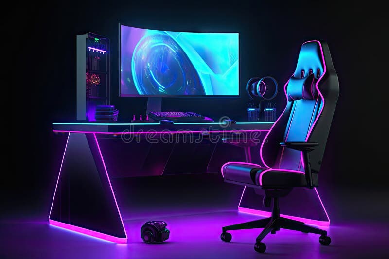 Computer Gaming Pc Gaming Table Dark Room Neon Purple Lights Gaming ...