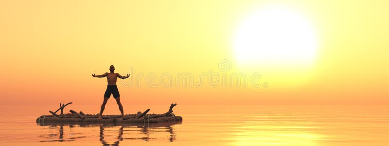 Castaway on a Raft at Sunset Stock Illustration - Illustration of ...