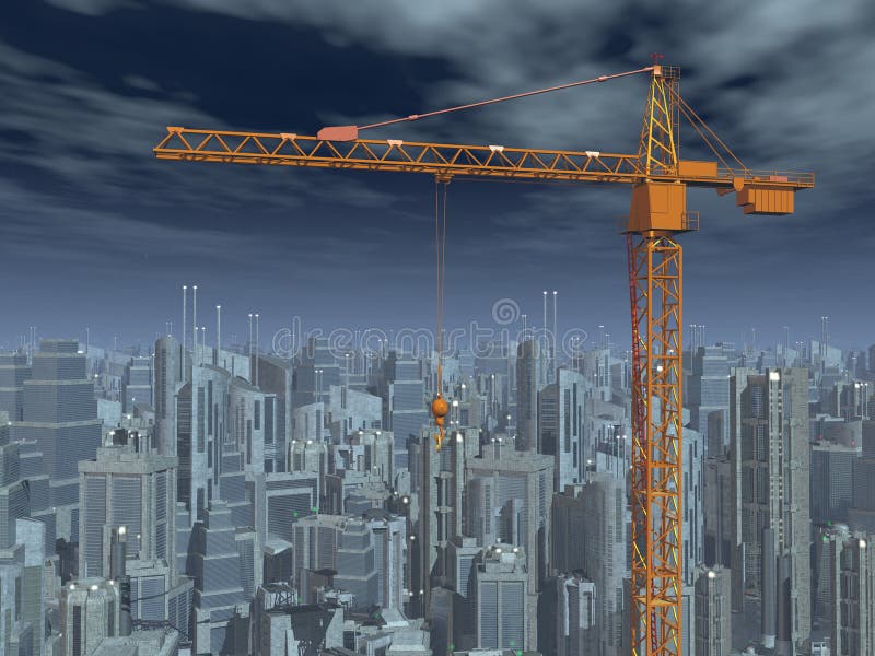 Construction Crane and Skyscrapers at Night Stock Illustration ...
