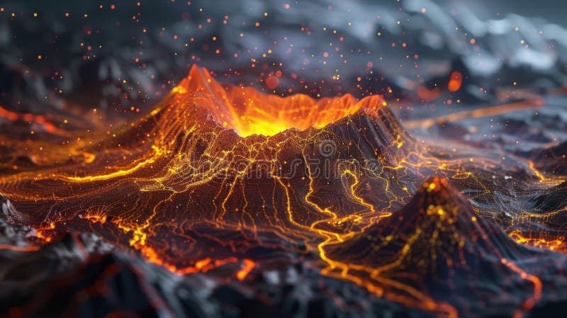 Computer-generated Depiction of a Volcano Erupting at Night, Spewing ...