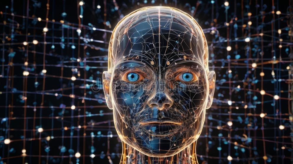 A Computer Generated Face with Blue Eyes and a Black Head Stock Photo ...