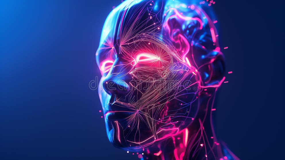 A Computer Generated Face with a Red Glowing Eye Stock Illustration ...