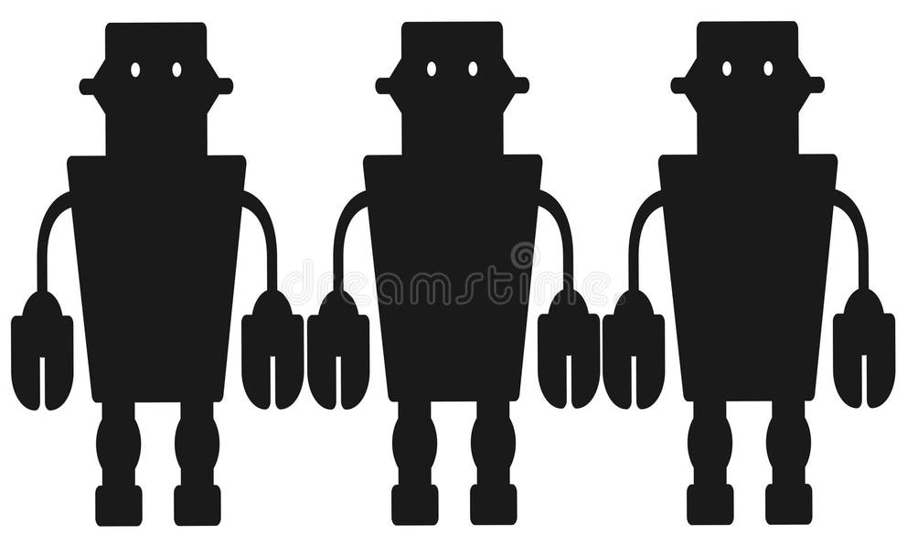 Three Identical Same Similar Tin Can Shaped Robot Set Against a White ...