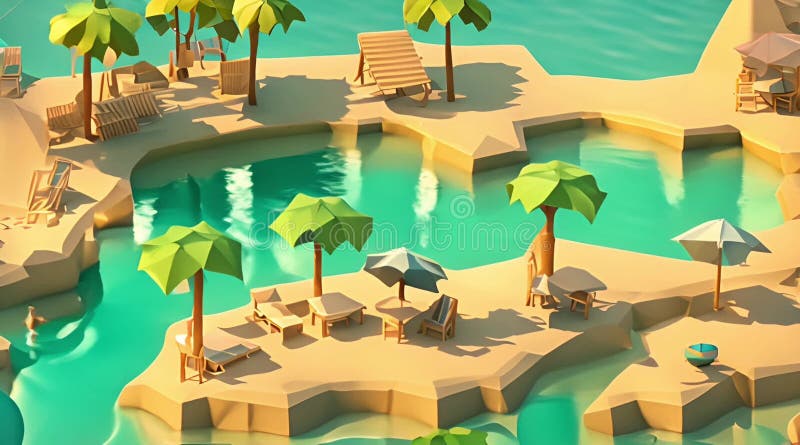 Computer Generated Image of a Beach with Chairs and Umbrellas Stock ...
