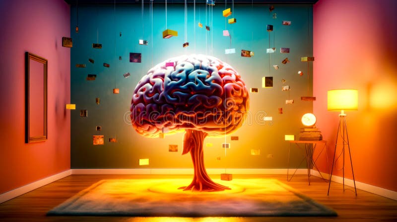 Computer Generated Image of Brain in Room with Sticky Notes All Over ...