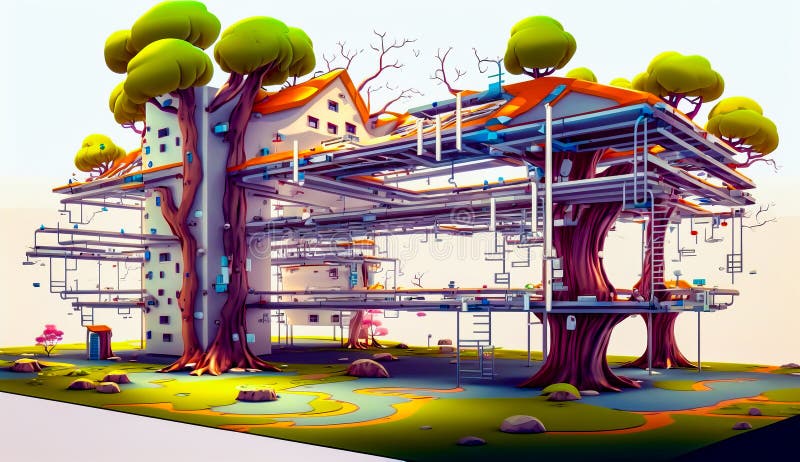 Computer Generated Image of Building with Lot of Pipes Coming Out of it ...