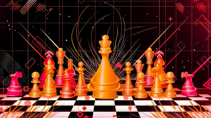 Computer Generated Image of Chess Board with Golden Chess Pieces on it ...