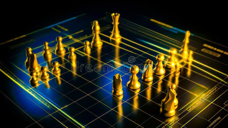 Computer Generated Image of Chess Board with Golden Chess Pieces on it ...