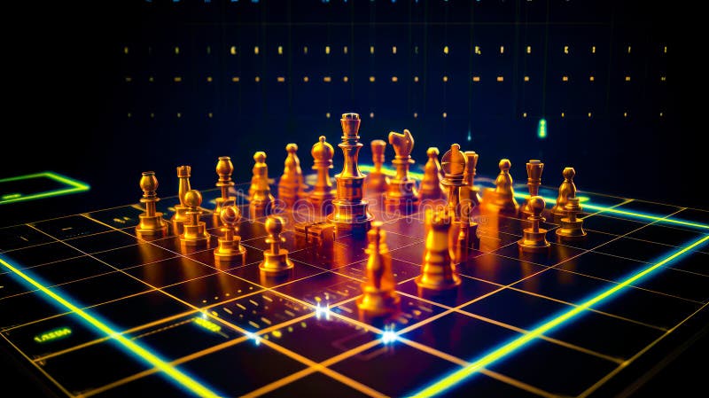 Computer Generated Image of Chess Board with Golden Chess Pieces on it ...