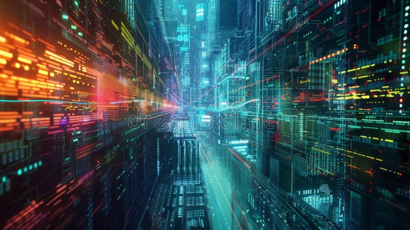 A Computer Generated Image of a City with a Bright Neon Light Stock ...