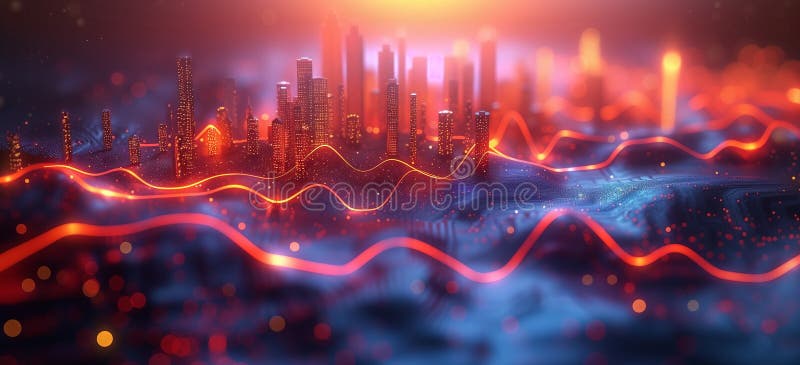 A Computer Generated Image of a City Skyline with Waves in the ...