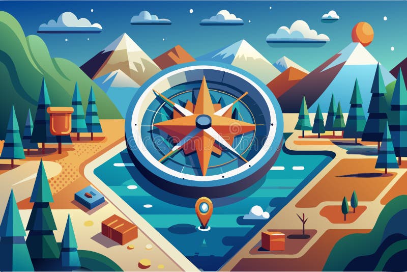 A Computer-generated Image of a Compass with Mountains in the ...