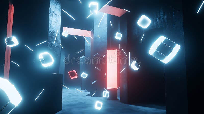 A Computer Generated Image of a Dark Room with Many Cubes and a Red ...