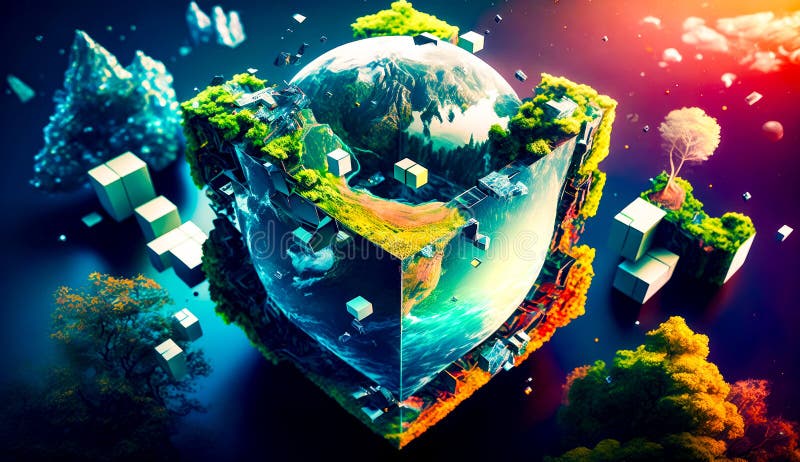 Computer Generated Image of the Earth Surrounded by Series of Cubes ...