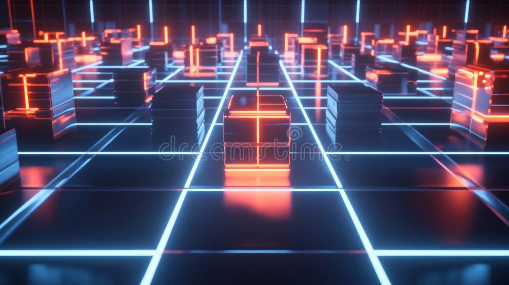 A Computer Generated Image of a Grid of Cubes with Red Lights on Them ...