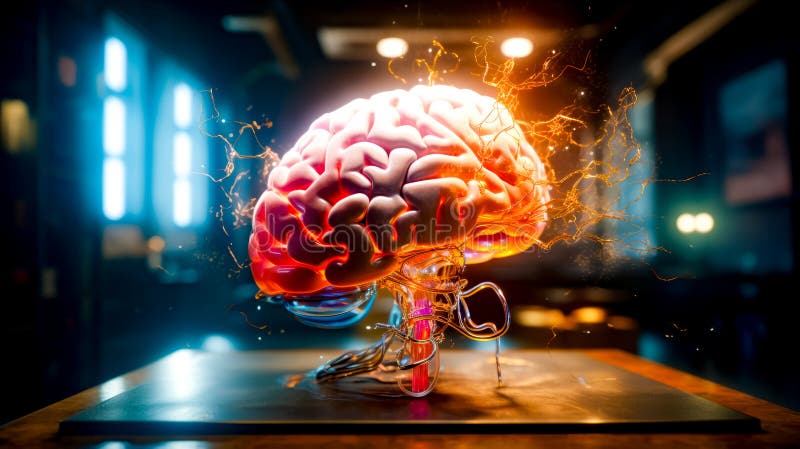 Computer Generated Image of Human Brain on Table in Dark Room ...