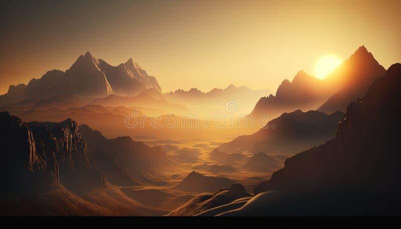 A Computer Generated Image of a Mountain Range with a Sun Setting in ...