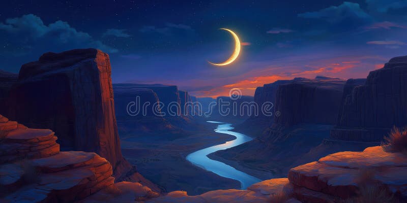 Computer Generated Image of a River with a Large Crescent Moon in the ...
