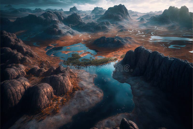 A Computer Generated Landscape of a Mountain Range with a Lake and a ...