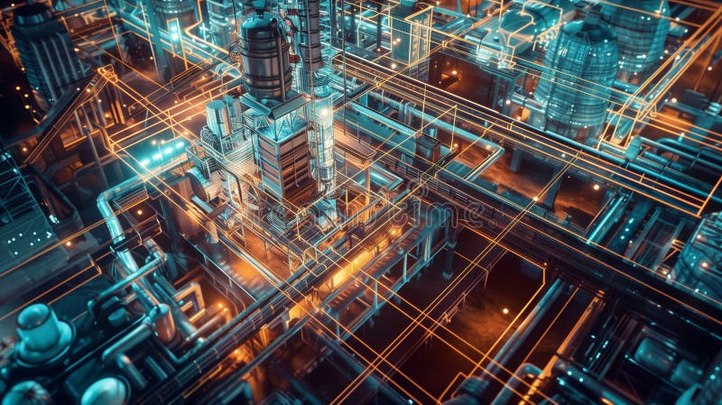 Futuristic Factory in Operation, Holographic Wireframe Digital ...