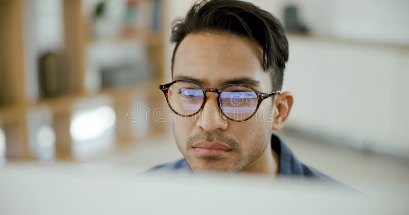 Computer, Glasses and Businessman at Desk with Email, Online Article or ...