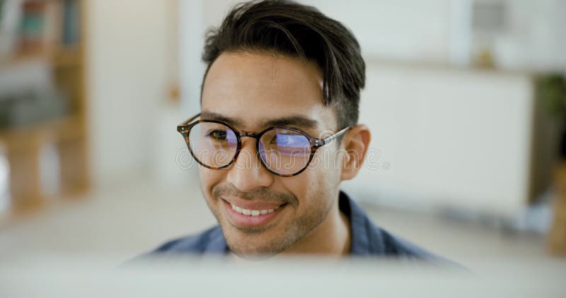 Computer, Glasses and Happy Man at Desk with Email, Online Article or ...