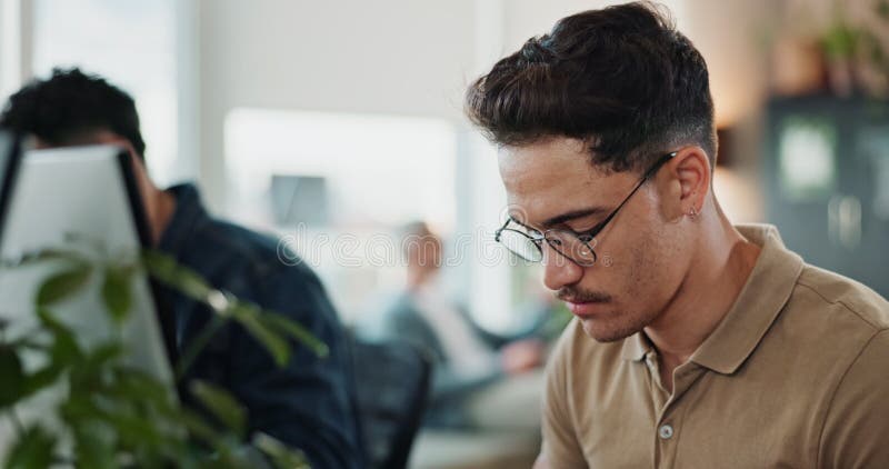 Computer, Glasses and Software Development with Man Programmer in ...