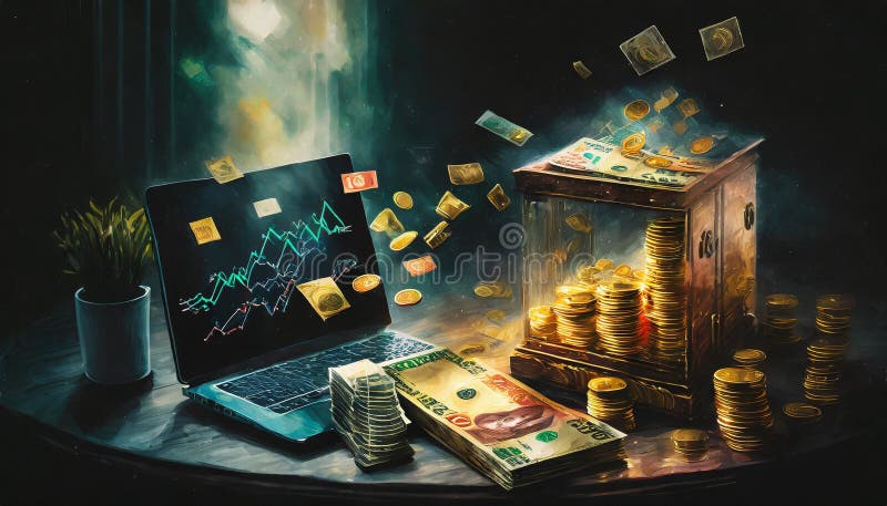 Computer and gold coins stock illustration. Illustration of play ...