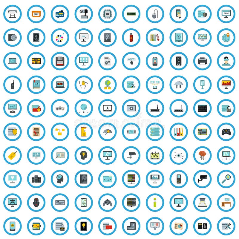 100 Computer Goods Icons Set, Flat Style Stock Vector - Illustration of ...