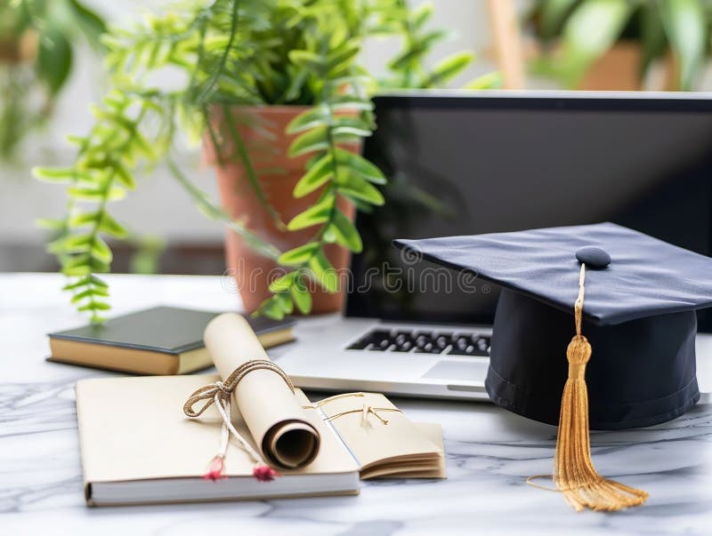 Computer with Graduation Cap and Diploma on Laptop. Online Education ...