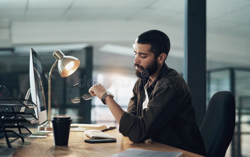 Computer, Graphic Design and Watch with Man in Office for Website Coding or Programming Deadline ...