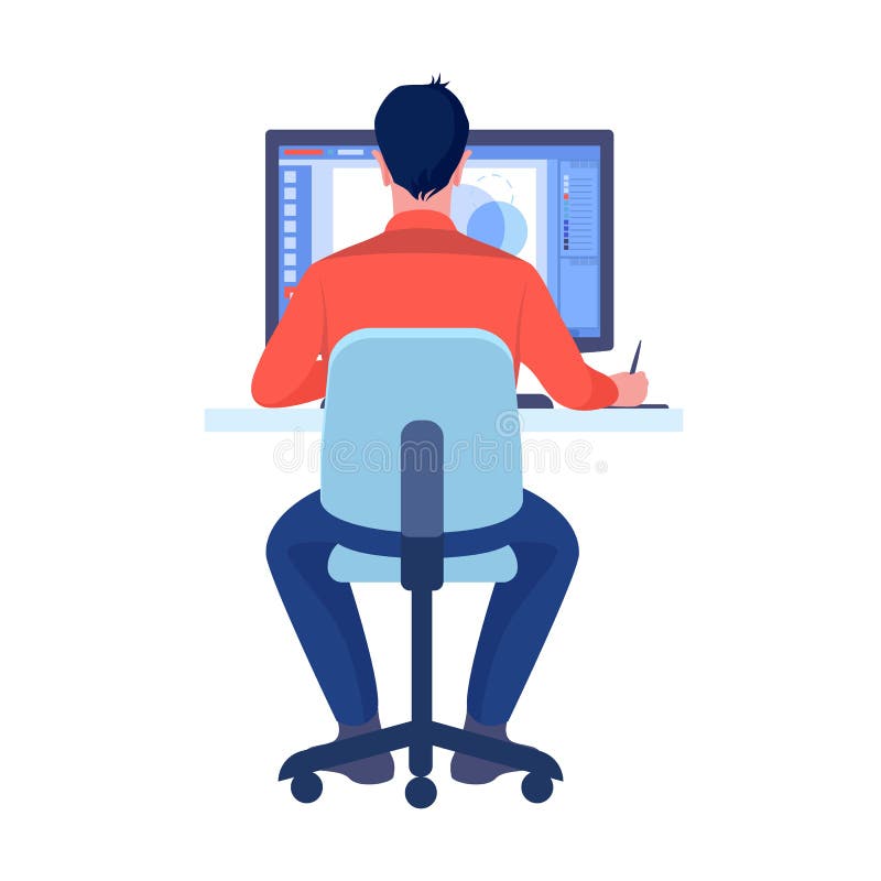 Computer Graphics Designer Work on Desk in Office Concept. Vector Stock ...
