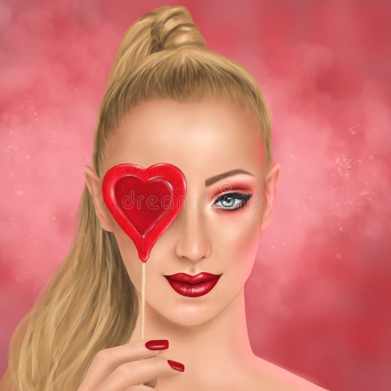 Computer Graphics of Young Woman with Sweet Lollipop Candy Stock ...