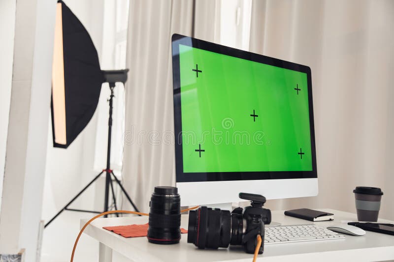 Computer with Green Screen stock photo. Image of white - 324351208