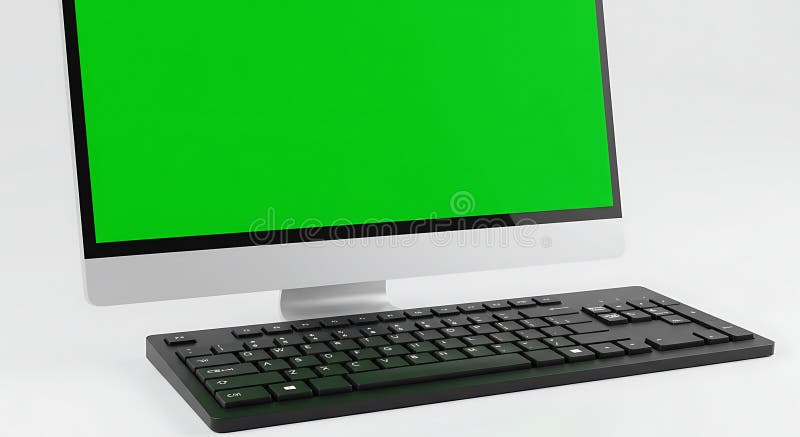 Computer with Green Screen and Black Keyboard on White Background Stock ...