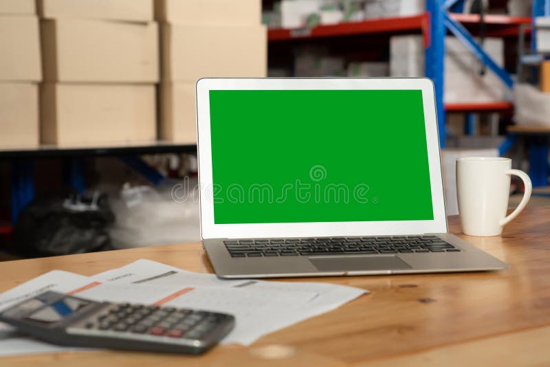 Computer with Green Screen Display in Warehouse Storage Room Stock ...