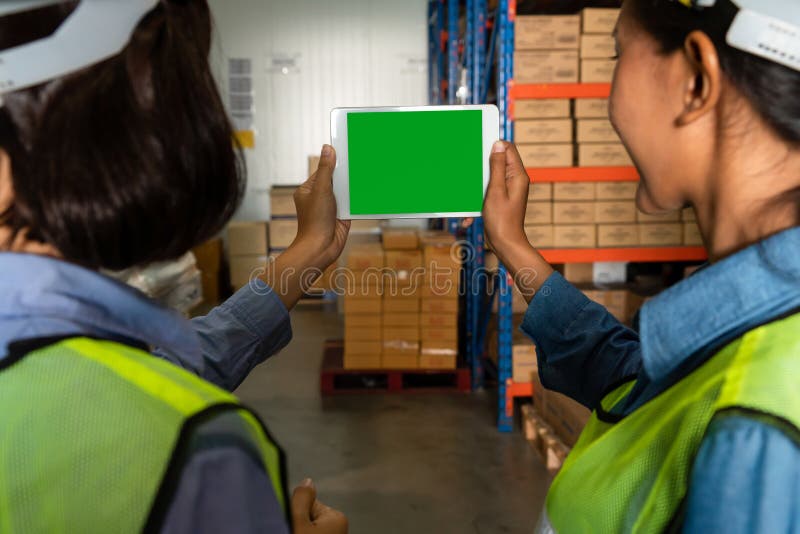 Computer with Green Screen Display in Warehouse Storage Room Stock ...
