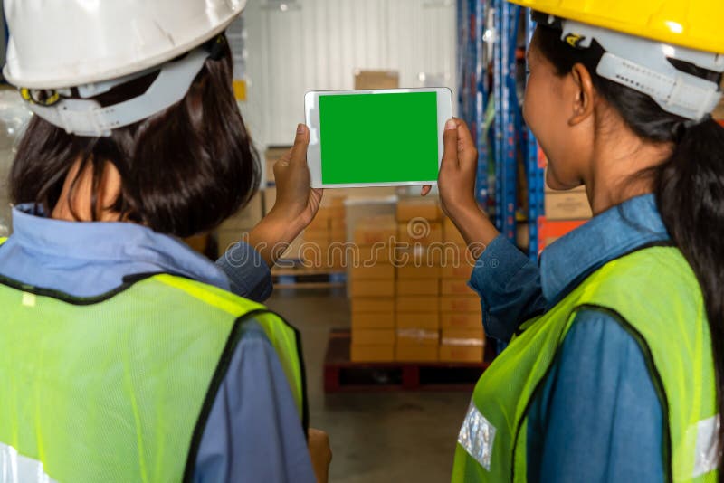 Computer with Green Screen Display in Warehouse Storage Room Stock ...