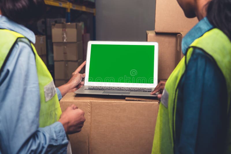 Computer with Green Screen Display in Warehouse Storage Room Stock ...