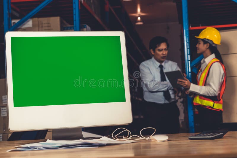 Computer with Green Screen Display in Warehouse Storage Room Stock ...